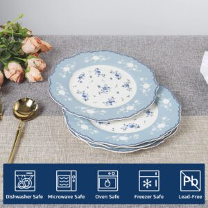 fanquare 8 Inch Porcelain Dessert Plates Set of 4, Lace Serving Bowls Set for Salad, Soup, Pasta, Snack, Blue Roses