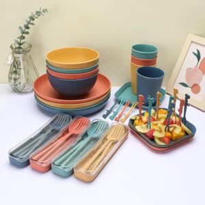 Wheat Straw Dinnerware Sets (48Pcs) Reusable Dishware Sets with Plates, Cups, Knives, Forks and Spoons,Lightweight Camping Dishes,Dishwasher Microwave Safe,for Camping Kitchen Picnic College Dorm