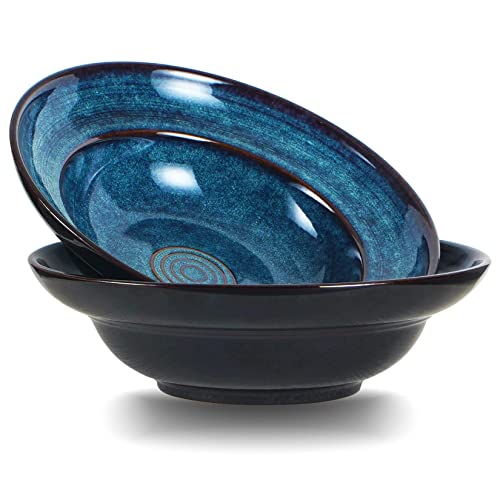 STE-CER Ceramic Pasta Salad bowl, 10" Wide Rim Soup Bowls, 48oz Deep Porcelain Pasta Plate,Set of 2,Large Serving Bowls for Kitchen,Microwave Safe(Starry Blue)