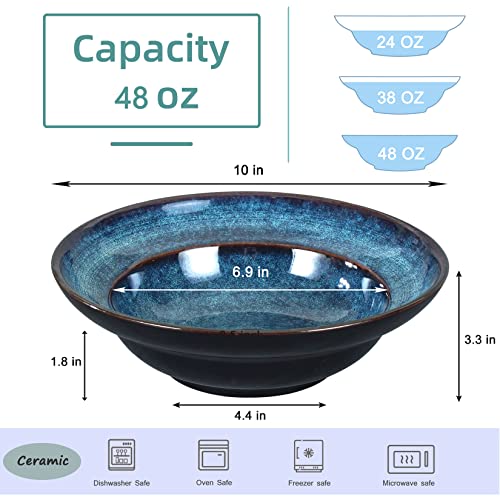 STE-CER Ceramic Pasta Salad bowl, 10" Wide Rim Soup Bowls, 48oz Deep Porcelain Pasta Plate,Set of 2,Large Serving Bowls for Kitchen,Microwave Safe(Starry Blue)