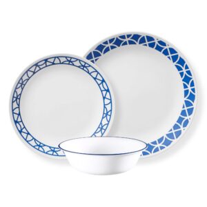 corelle vitrelle 12-piece glass dinnerware set service for 4, 10.25" dinner plates, 8.5" salad plates, 18-oz soup cereal bowls, cobalt circles