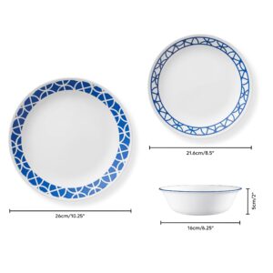 Corelle Vitrelle 12-Piece Glass Dinnerware Set Service for 4, 10.25" Dinner Plates, 8.5" Salad Plates, 18-Oz Soup Cereal Bowls, Cobalt Circles