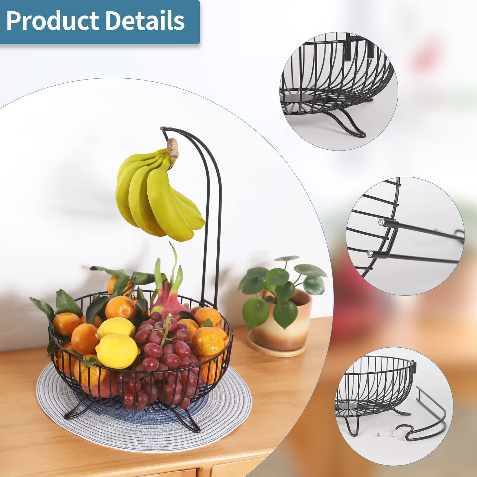 TAMAYKIM Large Fruit Bowl with Detachable Banana Tree Hanger + Medium Fruit Basket + Placemat, Fruit Bowls Vegetable Storage Fruit Stand Holder for Kitchen, Counter, Countertop