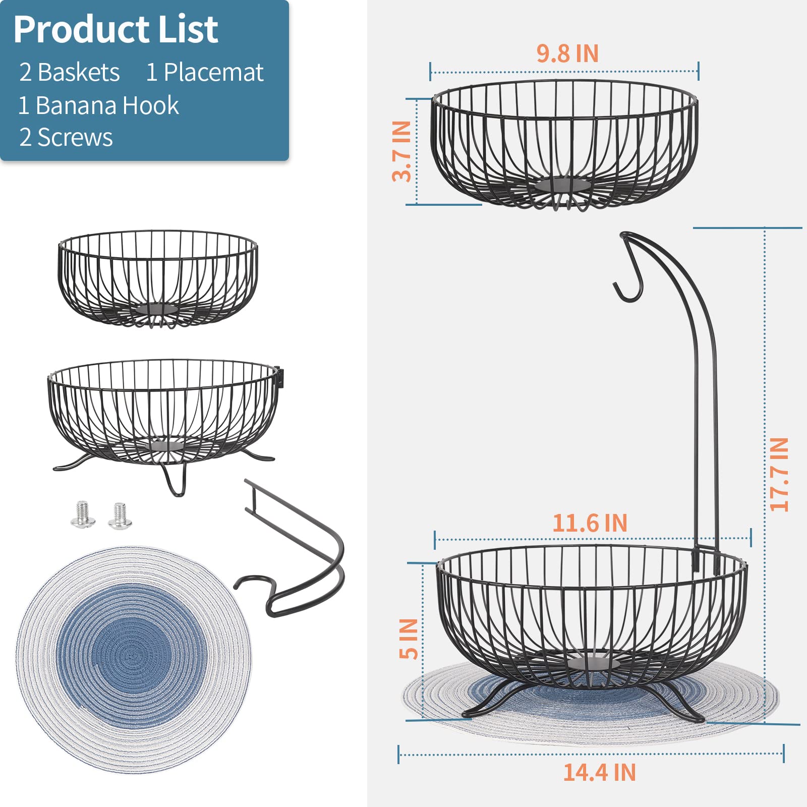 TAMAYKIM Large Fruit Bowl with Detachable Banana Tree Hanger + Medium Fruit Basket + Placemat, Fruit Bowls Vegetable Storage Fruit Stand Holder for Kitchen, Counter, Countertop