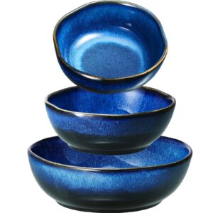 3 pieces ceramic salad bowls ramen bowls blue mixing bowls porcelain serving bowls ceramic microwave and dishwasher safe for soup pasta noodles salad nesting bowls, 13 oz 27 oz 47 oz