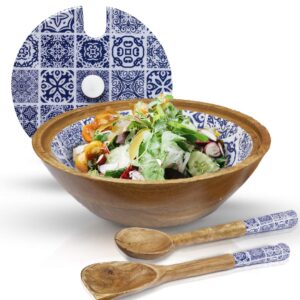 Decorative Wooden Salad Bowl Set with Lid and Servers in Moroccan Blue. Premium Mango wood bowls with Tongs Set for Salads, Cereal, Popcorn & Fruit. Great for Home and Entertainment! 12" Wooden bowl.