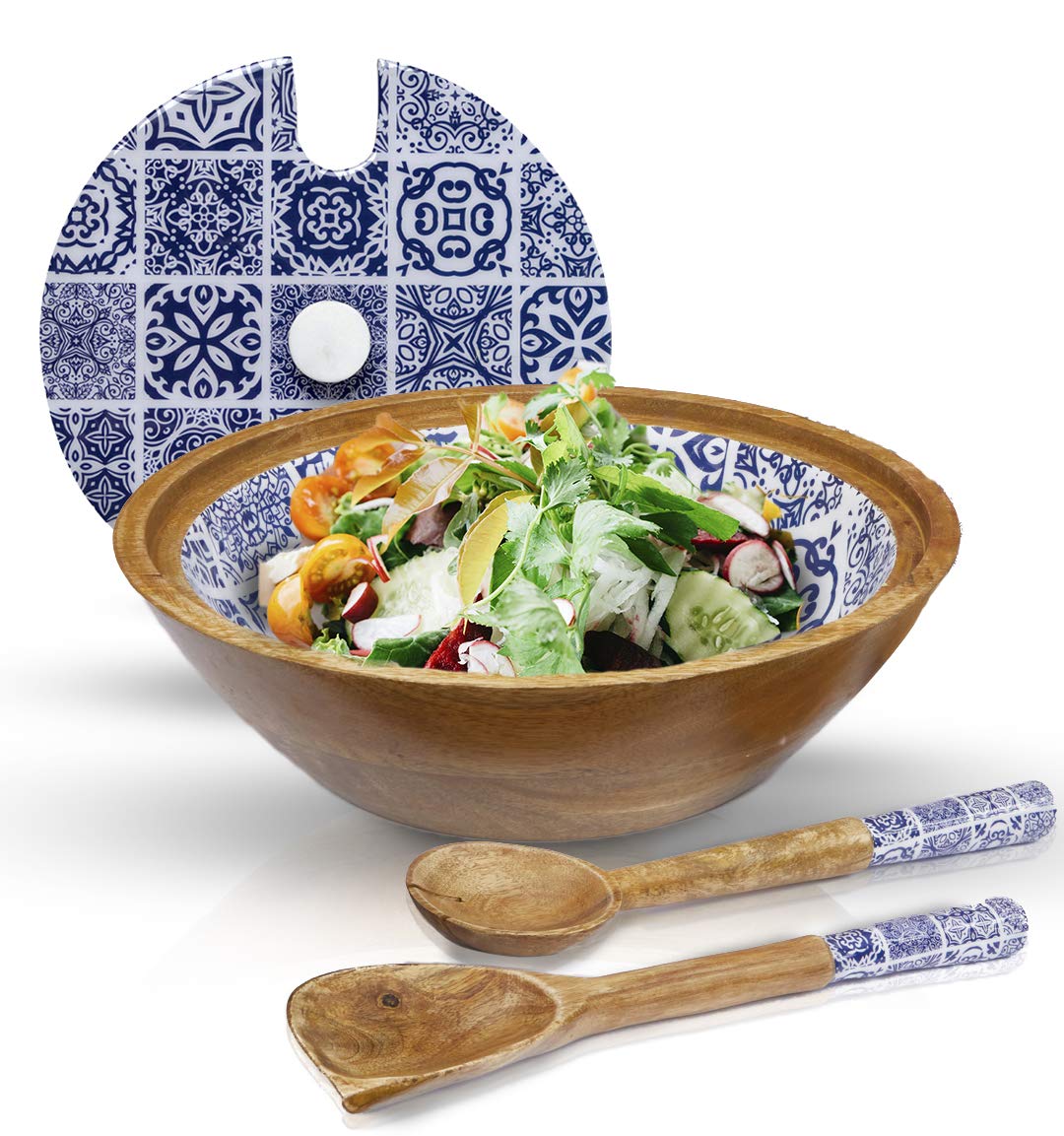 Decorative Wooden Salad Bowl Set with Lid and Servers in Moroccan Blue. Premium Mango wood bowls with Tongs Set for Salads, Cereal, Popcorn & Fruit. Great for Home and Entertainment! 12" Wooden bowl.