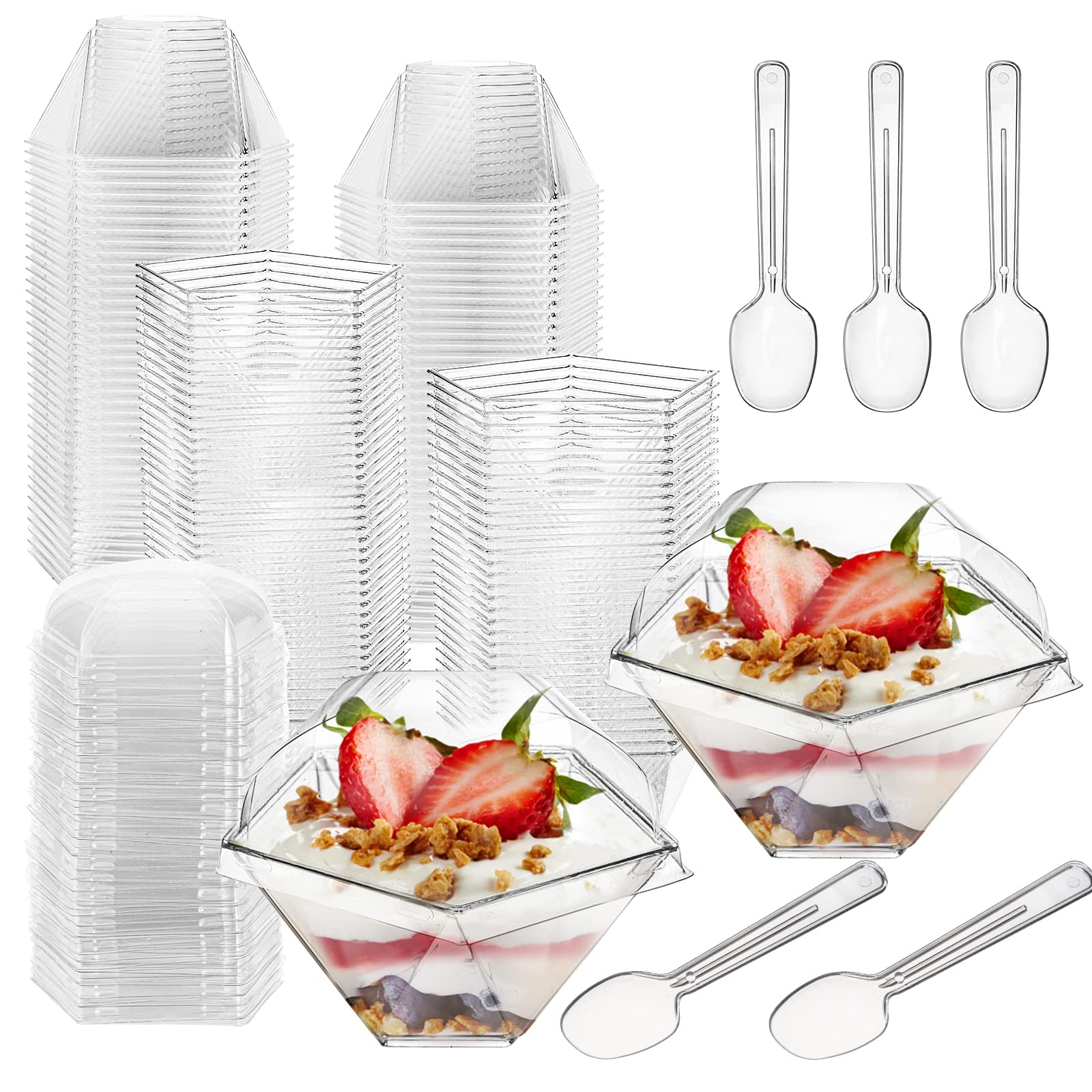 Foraineam 100 Pack Dessert Cups with 100 Lids and 100 Spoons, 3.7 oz. Clear Plastic Parfait Cups Disposable Reusable Diamond-shape Appetizer Cup Serving Bowls for Parties, Weddings and More