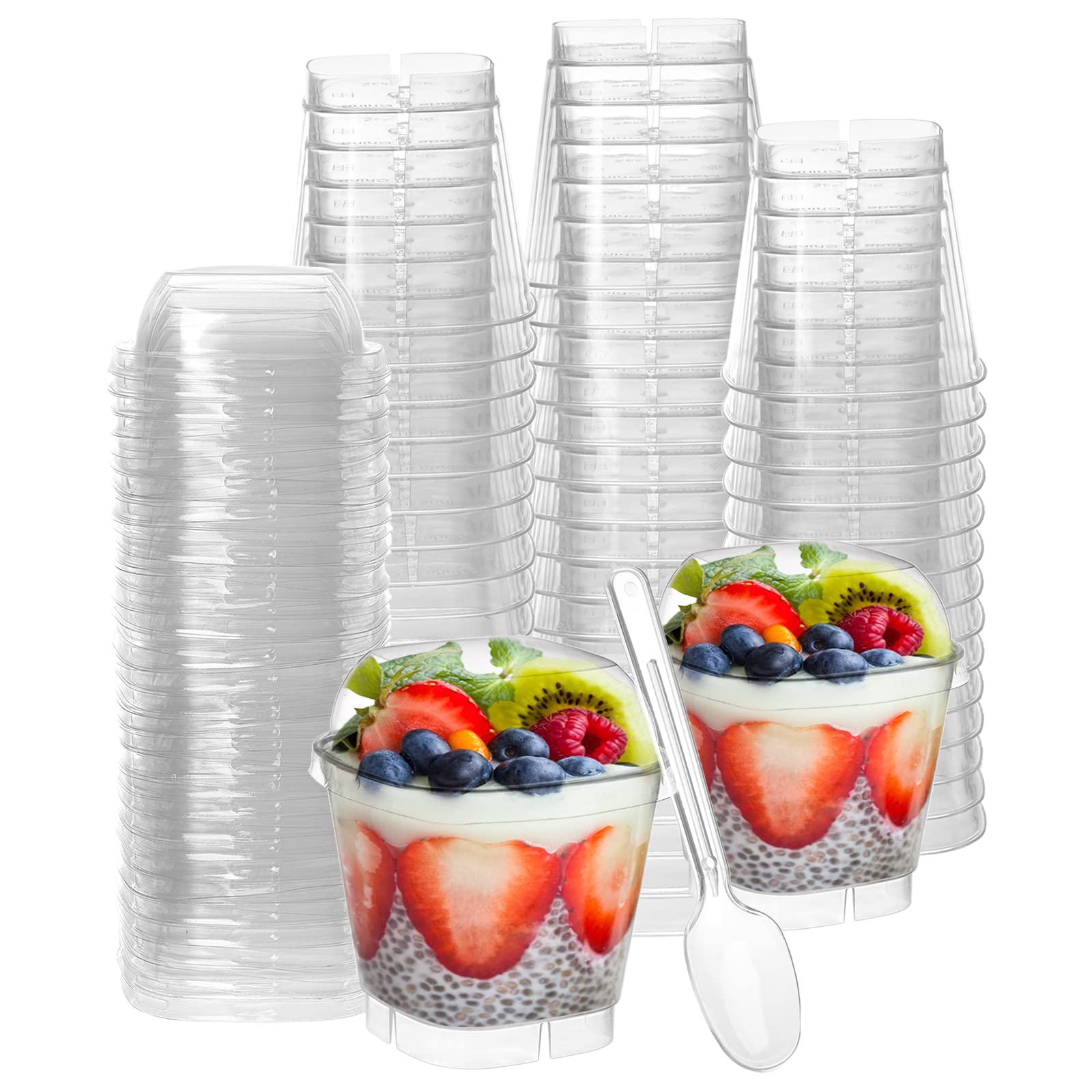 Foraineam 100 Pcs 5 oz. Thick Plastic Dessert Cups with 100 Lids and 100 Spoons, Mini Clear Parfait Appetizer Cup, Disposable Reusable Snack Serving Bowls Party Cups for Desserts, Appetizers, Puddings