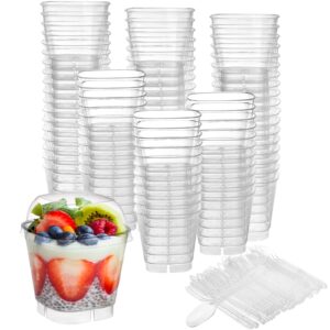 Foraineam 100 Pcs 5 oz. Thick Plastic Dessert Cups with 100 Lids and 100 Spoons, Mini Clear Parfait Appetizer Cup, Disposable Reusable Snack Serving Bowls Party Cups for Desserts, Appetizers, Puddings