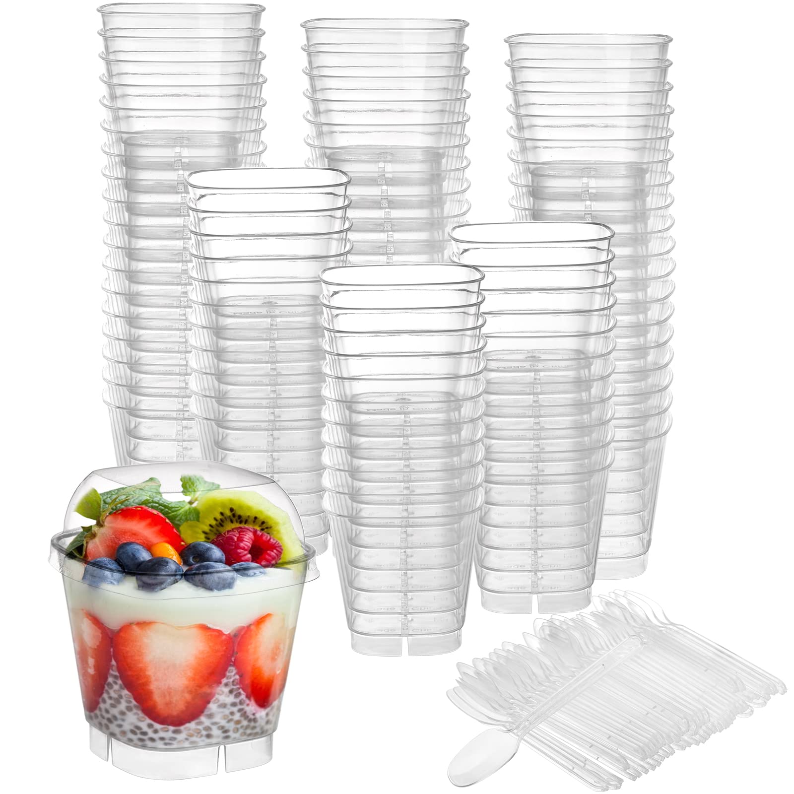 Foraineam 100 Pcs 5 oz. Thick Plastic Dessert Cups with 100 Lids and 100 Spoons, Mini Clear Parfait Appetizer Cup, Disposable Reusable Snack Serving Bowls Party Cups for Desserts, Appetizers, Puddings