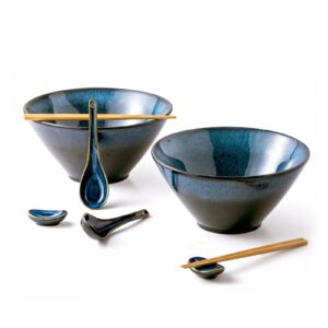 large salad soup ramen serving bowls, 71 oz ceramic japanese ramen noodle bowl with chopsticks, spoons and rests - super big bowl sets for udon, pho, pasta, cereal, set of 2 - reactive blue