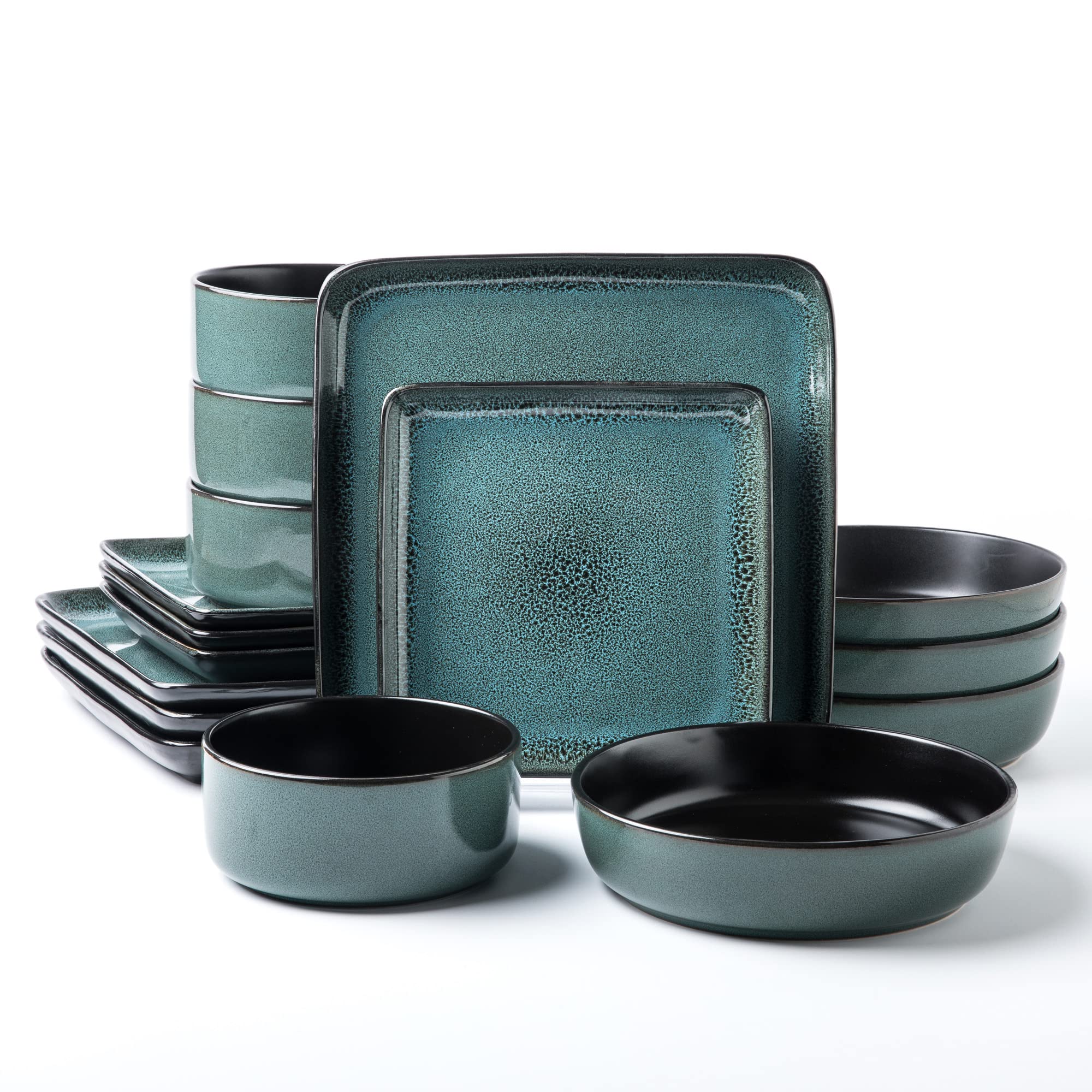 Arora FLACKAR Square Stoneware 16pc Double Bowl Dinnerware Set for 4, Dinner Plates, Side Plates, Cereal Bowls, Pasta Bowls - Reactive Glaze Turquoise (491765)