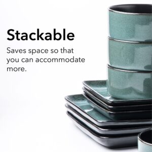 Arora FLACKAR Square Stoneware 16pc Double Bowl Dinnerware Set for 4, Dinner Plates, Side Plates, Cereal Bowls, Pasta Bowls - Reactive Glaze Turquoise (491765)