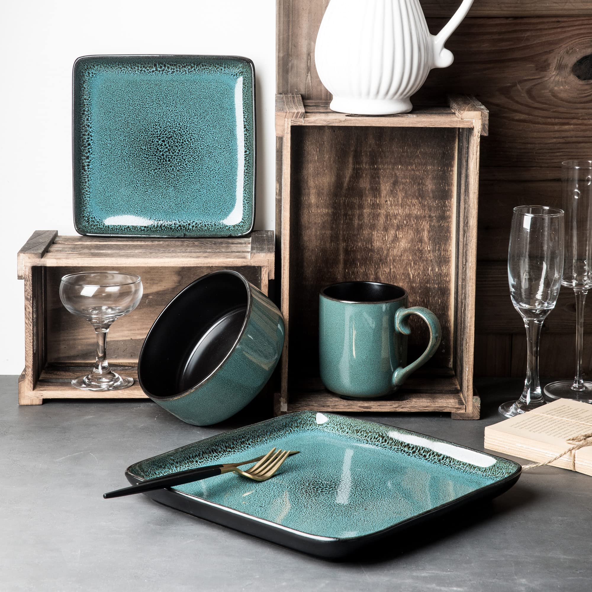 Arora FLACKAR Square Stoneware 16pc Double Bowl Dinnerware Set for 4, Dinner Plates, Side Plates, Cereal Bowls, Pasta Bowls - Reactive Glaze Turquoise (491765)