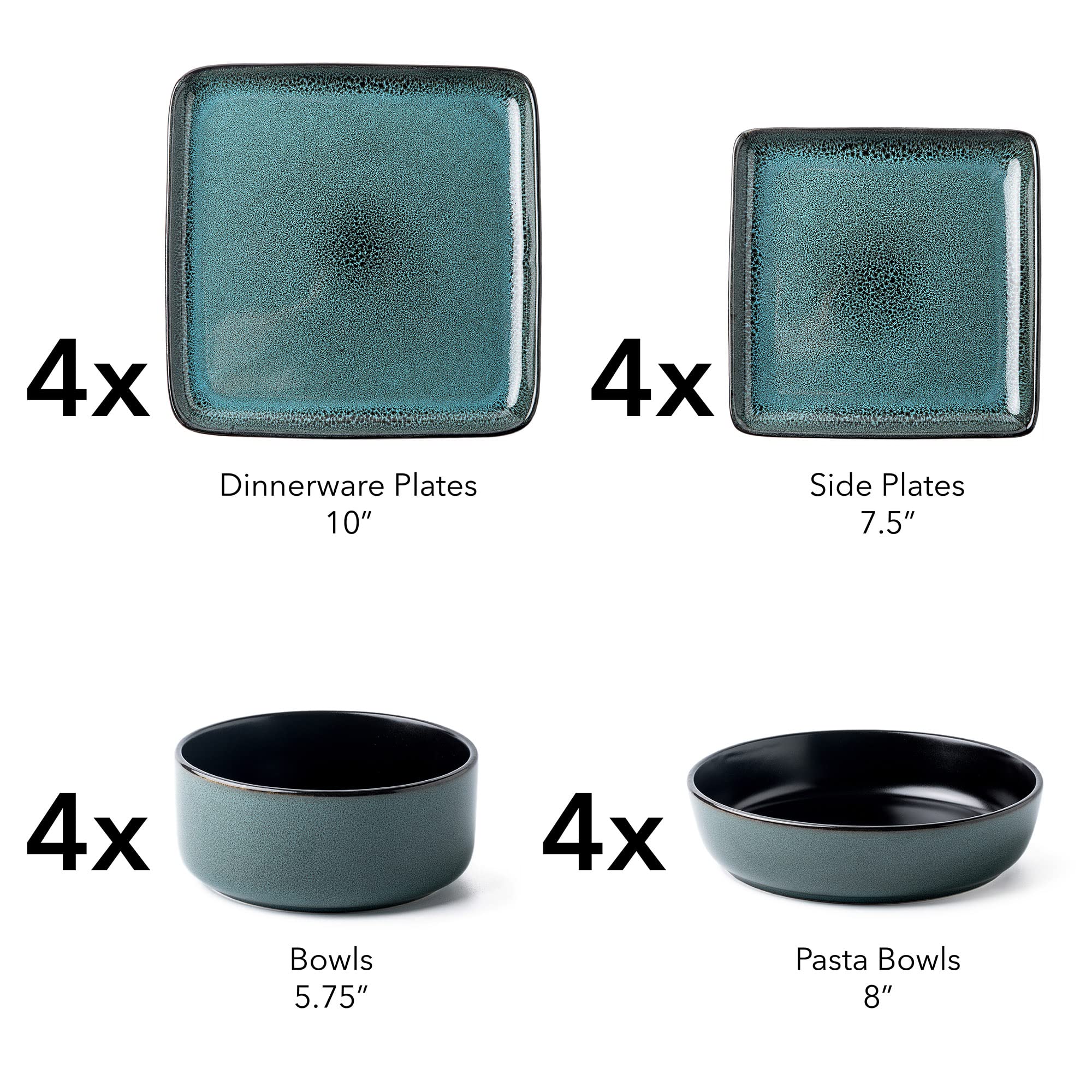 Arora FLACKAR Square Stoneware 16pc Double Bowl Dinnerware Set for 4, Dinner Plates, Side Plates, Cereal Bowls, Pasta Bowls - Reactive Glaze Turquoise (491765)