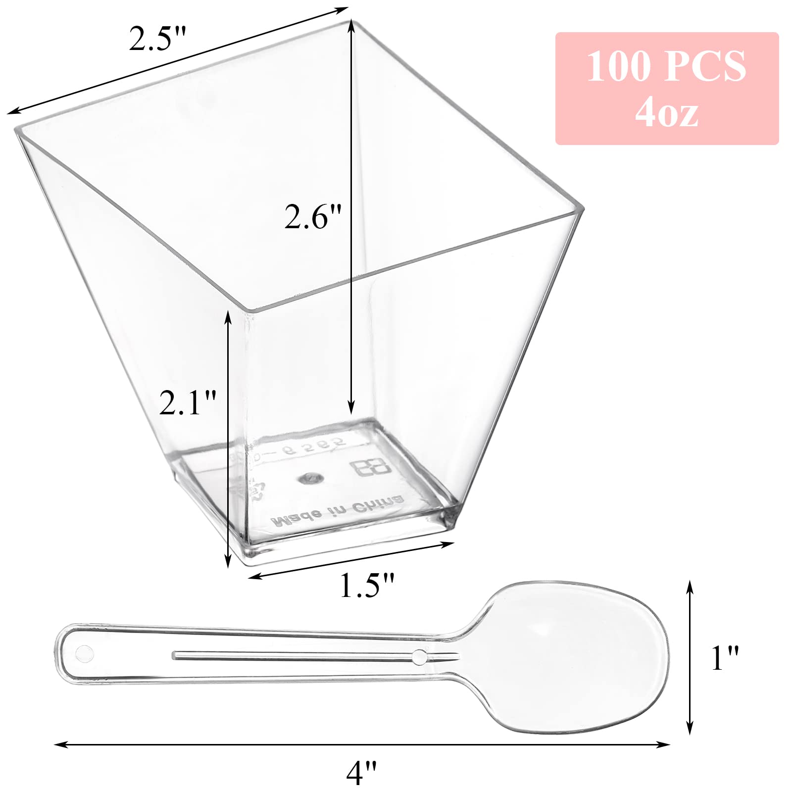 Fasmov Dessert Cups with Spoons, 100 Pack 4oz Square Clear Plastic Parfait Appetizer Cup, Plastic Tumbler Cups Pudding Cups for Fruit, Desserts, Mousse, Ice Cream