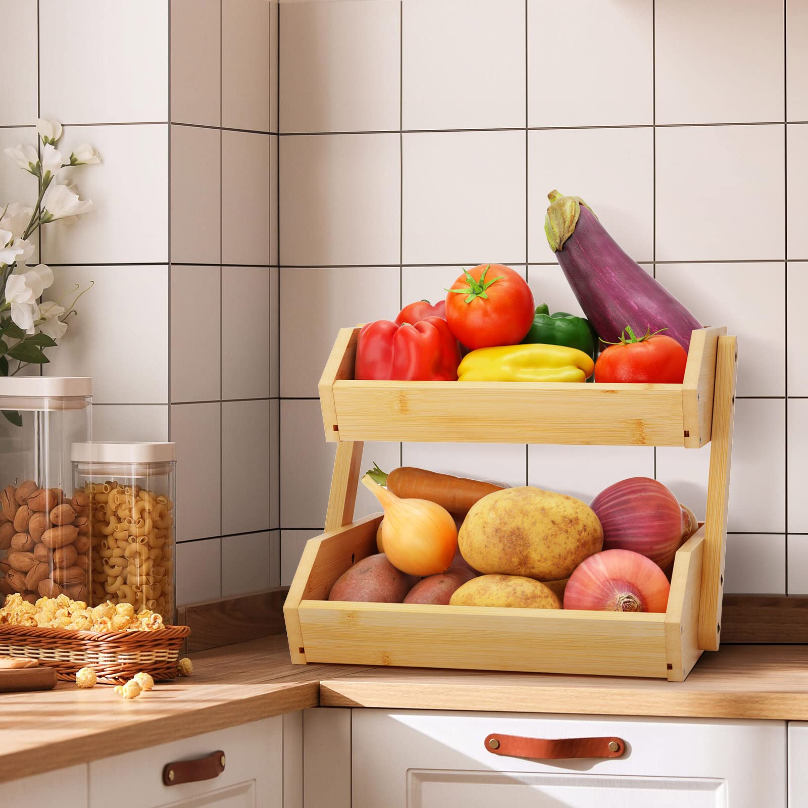 NUTUNI Fruit Basket for Kitchen, 2 Tier Fruit Basket, Bamboo Fruit Basket, Produce Storage, Fruit Holder, Fruit and Vegetable Storage for Potato, Onion, Bread and Snack - Natural (Self-assembly)