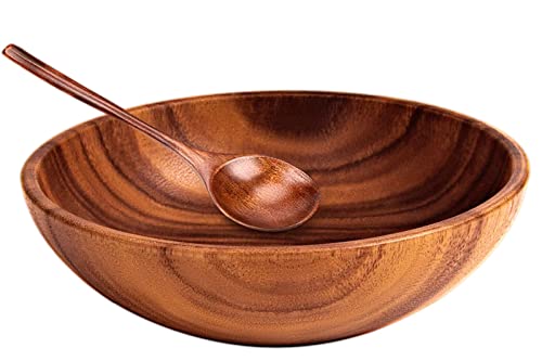 Acacia Wooden Salad Bowl Set Diameter 20.7 cm Wood Bowl with Wooden Spoon Individual Serving Bowl for Snacks, Salad, Soup Handmade Hardwood Wooden Bowl for Food Safe Kitchen Accessories