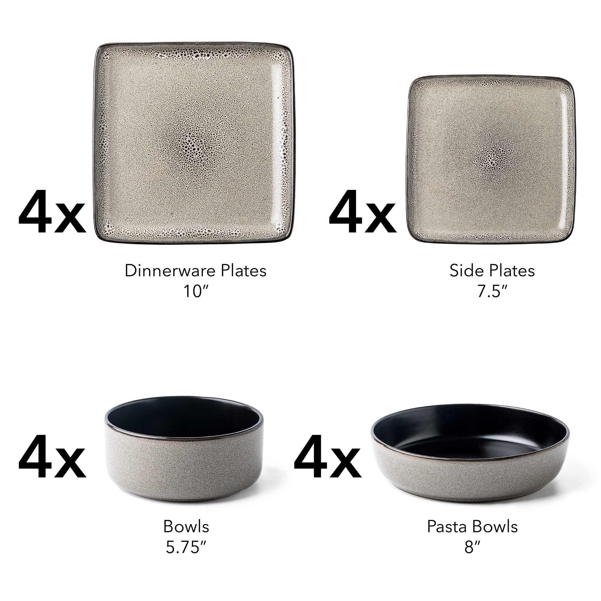 Arora FLACKAR Square Stoneware 16pc Double Bowl Dinnerware Set for 4, Dinner Plates, Side Plates, Cereal Bowls, Pasta Bowls - Reactive Glaze Grey (476076)