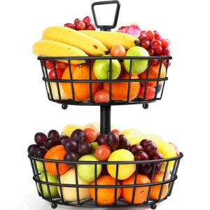 tomcare 2-tier fruit basket metal fruit bowl bread baskets detachable fruit holder produce basket large fruit stand organizer kitchen storage baskets for fruits breads vegetables snacks, black