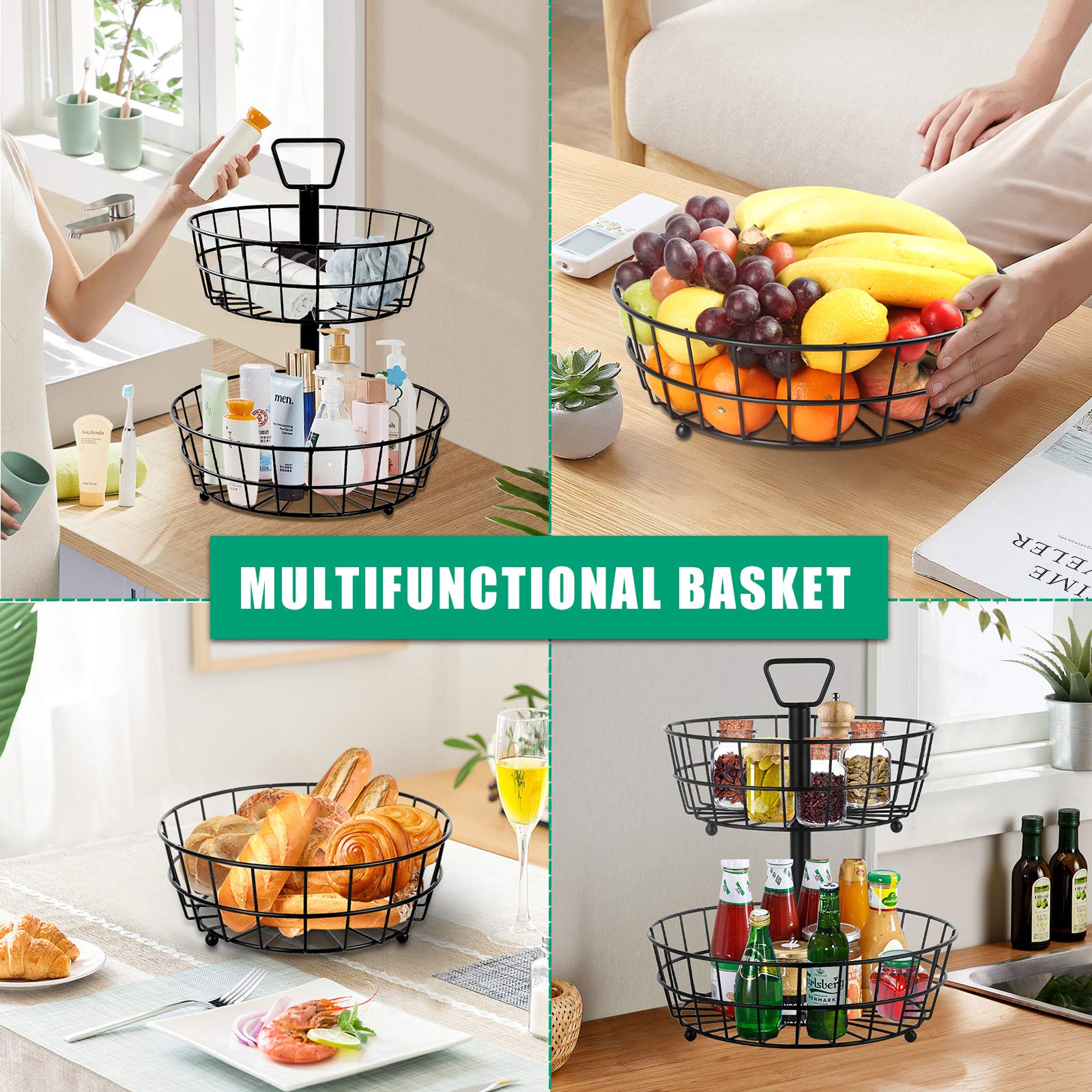 TomCare 2-Tier Fruit Basket Metal Fruit Bowl Bread Baskets Detachable Fruit Holder Produce Basket Large Fruit Stand Organizer Kitchen Storage Baskets for Fruits Breads Vegetables Snacks, Black