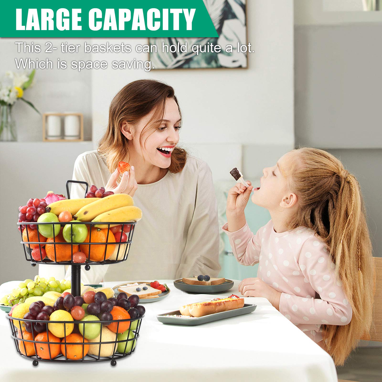 TomCare 2-Tier Fruit Basket Metal Fruit Bowl Bread Baskets Detachable Fruit Holder Produce Basket Large Fruit Stand Organizer Kitchen Storage Baskets for Fruits Breads Vegetables Snacks, Black