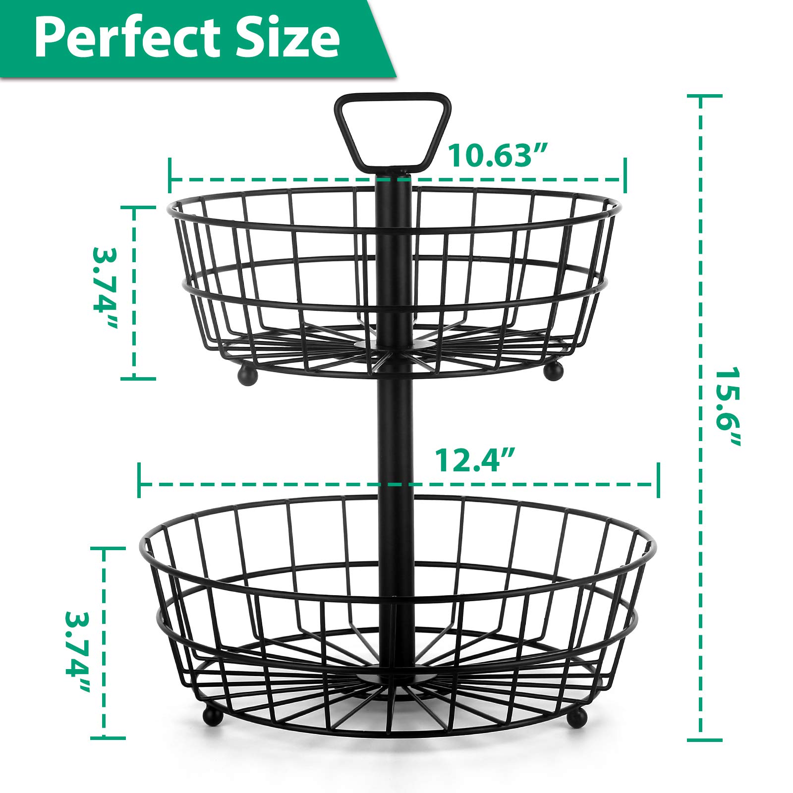 TomCare 2-Tier Fruit Basket Metal Fruit Bowl Bread Baskets Detachable Fruit Holder Produce Basket Large Fruit Stand Organizer Kitchen Storage Baskets for Fruits Breads Vegetables Snacks, Black