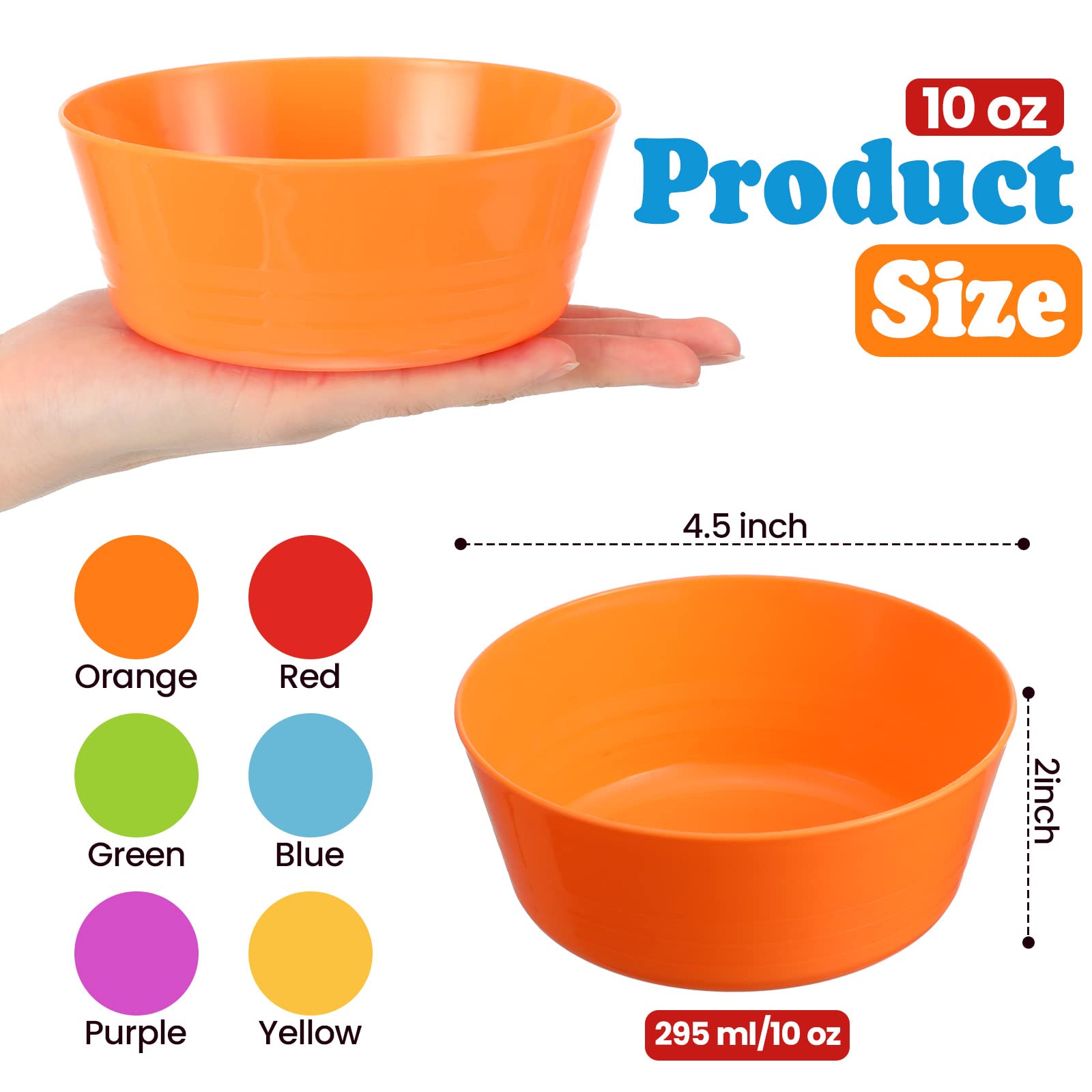 Irenare 48 Pcs Kids Small Plastic Bowls10 oz Cereal Bowls Snack Bowls Kids Bowls Colorful Toddler Bowls Microwave Dishwasher Safe Bowls Salad Dessert Soup Bowls Children Bowl, 6 Colors