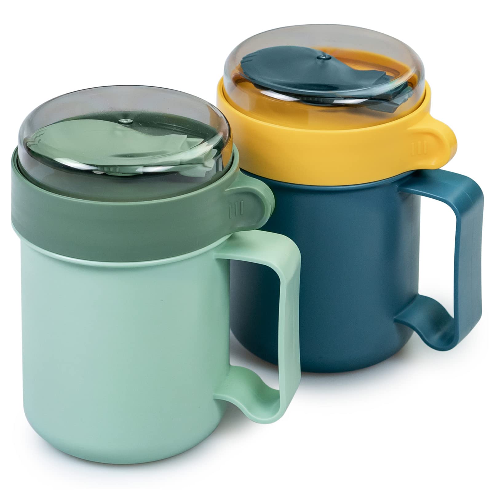 Chiir Microwave Soup Mugs with Lids, 2-Pack Microwave Safe Mug for Ramen Noodles, Soup, Beverages, 17.63 Ounces, Green, 2-Tone Yellow, Navy