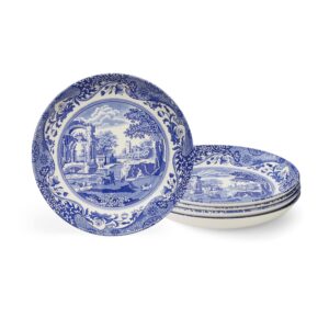 spode blue italian pasta bowls | set of 4 | 9-inch | salad, pasta, and soup serving bowls | round, wide, and shallow bowl | microwave safe plate | dishwasher safe