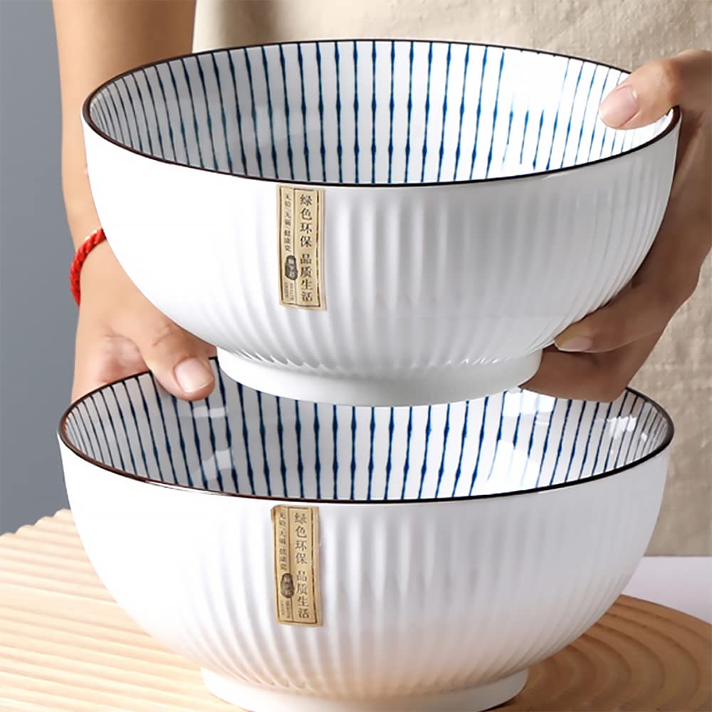 Houlu 60 oz Pho Bowls, Large Soup Bowl, Japanese Ramen Bowl Set, 8 inches Big Porcelain Bowls Set of 3, Striped Pattern