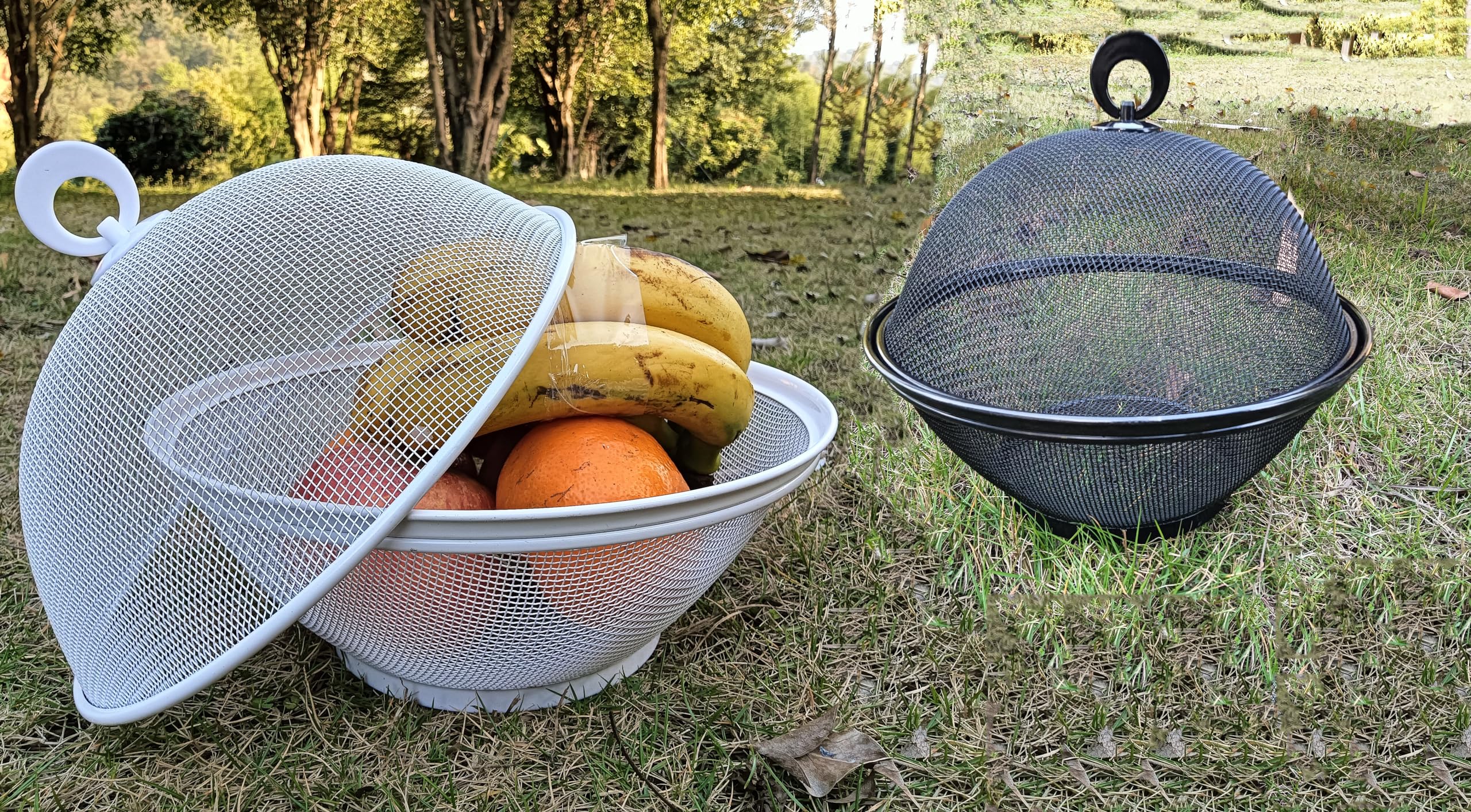 Mesh Wire Fruit Basket with Lid for Vegetables, Restaurant Kitchen Produce Containers Φ10.7" 2 Colors (White + Black) Total 2 Pack