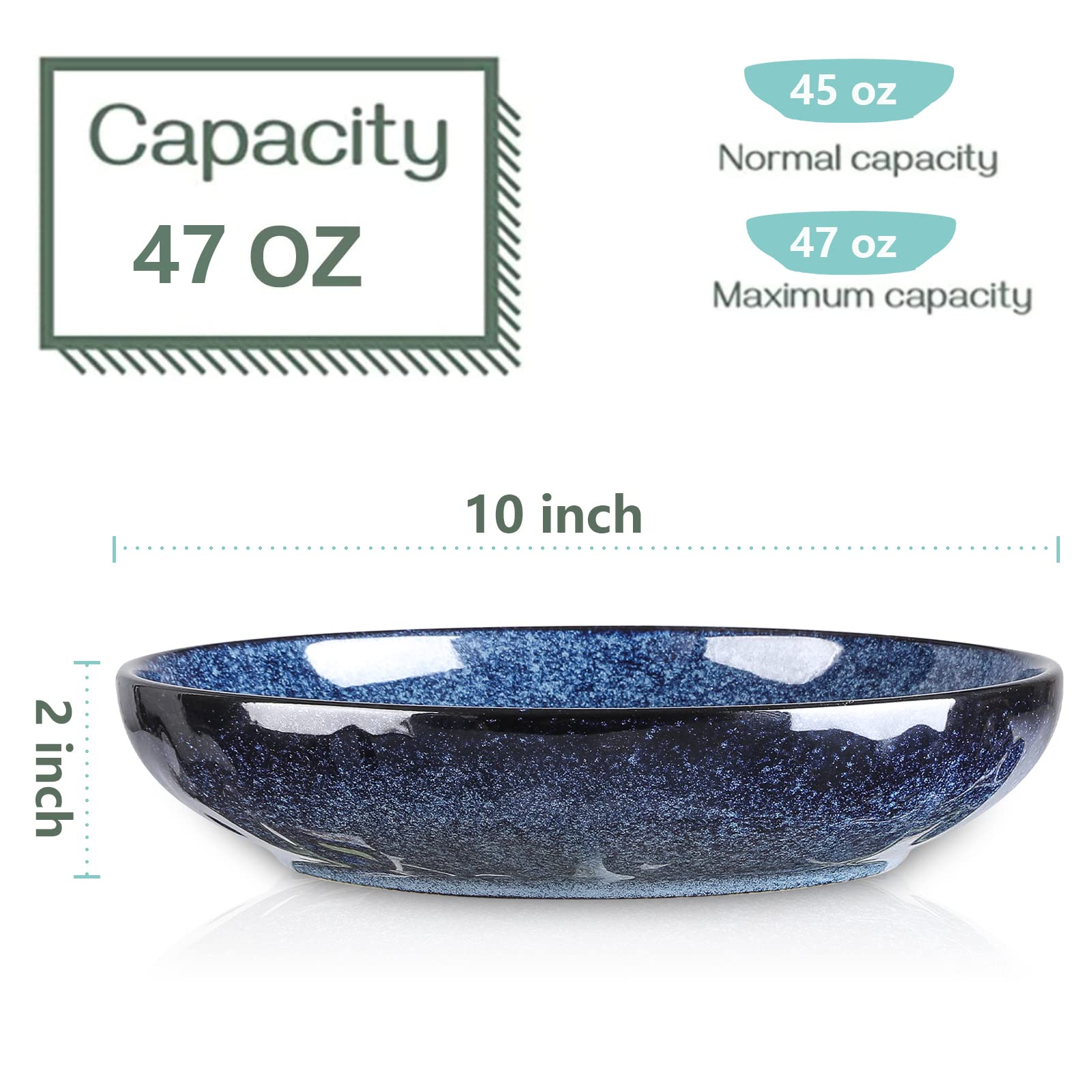 vicrays Large Salad Pasta Serving Bowls Ceramic Wide Shallow Bowls Set 47 Ounces Big Dinner Plates Bowls Porcelain 10 Inch Low Flat Design Blue Soup Bowl Microwave Dishwasher Safe