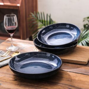 vicrays Large Salad Pasta Serving Bowls Ceramic Wide Shallow Bowls Set 47 Ounces Big Dinner Plates Bowls Porcelain 10 Inch Low Flat Design Blue Soup Bowl Microwave Dishwasher Safe