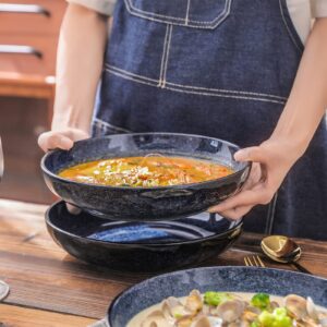 vicrays Large Salad Pasta Serving Bowls Ceramic Wide Shallow Bowls Set 47 Ounces Big Dinner Plates Bowls Porcelain 10 Inch Low Flat Design Blue Soup Bowl Microwave Dishwasher Safe