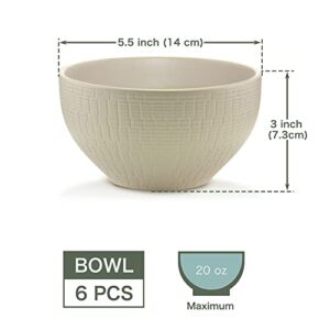 EZOWare 5.5-inch Stoneware Cereal Bowl Set, Set of 6 20oz Microwave Safe Classic Kitchen Dishes, Decorative Pattern Round Bowls For Rice, Soup, Salad, Dessert, Pasta and Noodle - Khaki