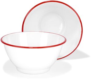 red co. set of 2 enamelware metal large classic 4 quart round salad serving bowl, solid white/red rim