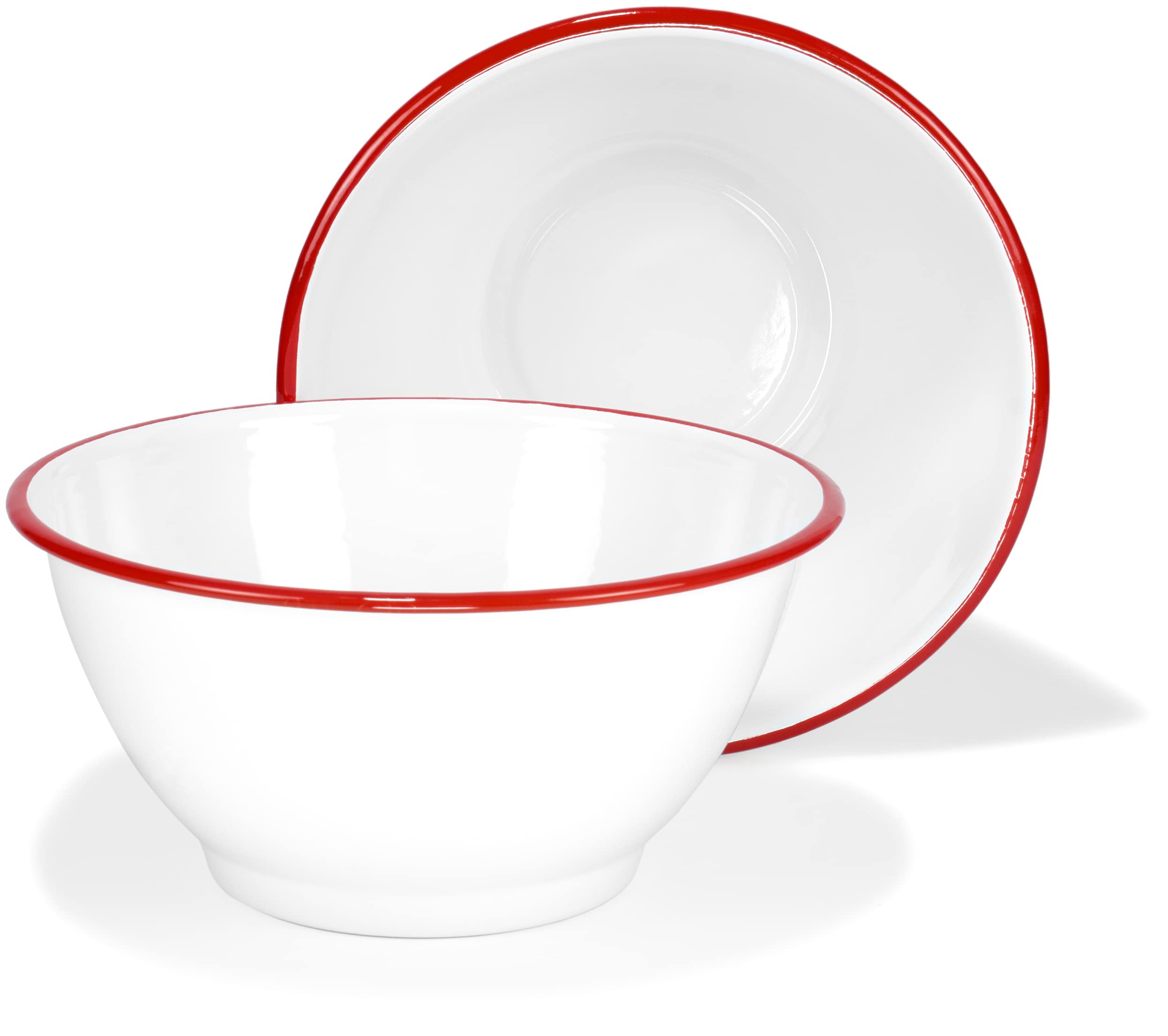 Red Co. Set of 2 Enamelware Metal Large Classic 4 quart Round Salad Serving Bowl, Solid White/Red Rim