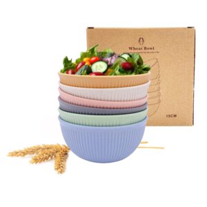 premium wheat straw bowls, 6 unbreakable kitchen bowl set, reusable, dishwasher safe, dessert bowls for serving cereal, noodles, pasta, salad, etc