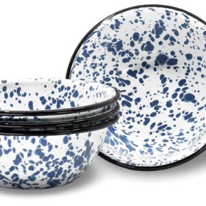 Red Co. Set of 4 Enamelware Metal Classic 20 oz Round Cereal Bowl, Navy Blue Marble/Black Rim - Splatter Design