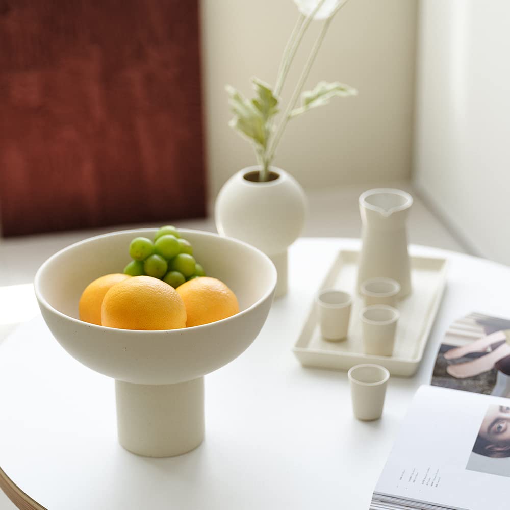 WENSHUO Sphere High-foot Ceramic Compote Fruit Bowl, Centerpiece Pedestal Bowl, 6.8" × 9", Matte Crème