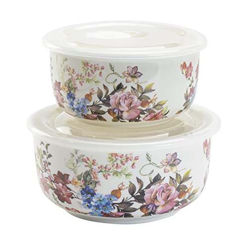 Grace Teaware Grace Pantry Nested Porcelain Storage Bowls With Vented Lids, Large and Medium 2-Piece Set, (Pink Blue Garden),30 ounce