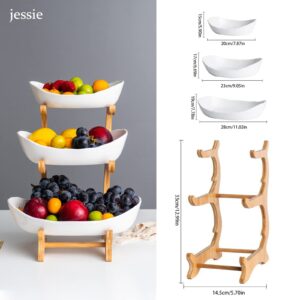 jessie 3 Tier Fruit Basket,Ceramic Large Capacity Tiered Fruit Basket Stand,Bamboo Fruit Basket Fruit Serving Tray Snacks Nuts Bread Candy Storage Holder (White porcelain)