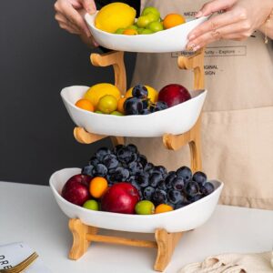 jessie 3 Tier Fruit Basket,Ceramic Large Capacity Tiered Fruit Basket Stand,Bamboo Fruit Basket Fruit Serving Tray Snacks Nuts Bread Candy Storage Holder (White porcelain)