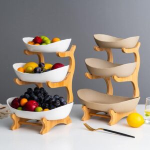 jessie 3 Tier Fruit Basket,Ceramic Large Capacity Tiered Fruit Basket Stand,Bamboo Fruit Basket Fruit Serving Tray Snacks Nuts Bread Candy Storage Holder (White porcelain)