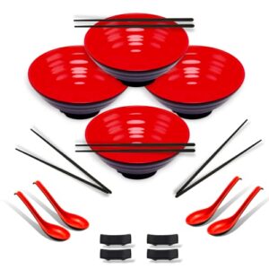 taivins ramen bowl set of 4-32 oz pho bowls and spoons set, maruchan ramen bowl, asian pho bowls, japanese bowls, microwavable bowls- large melamine noodle bowls, soup bowl, naruto ramen bowl (red).