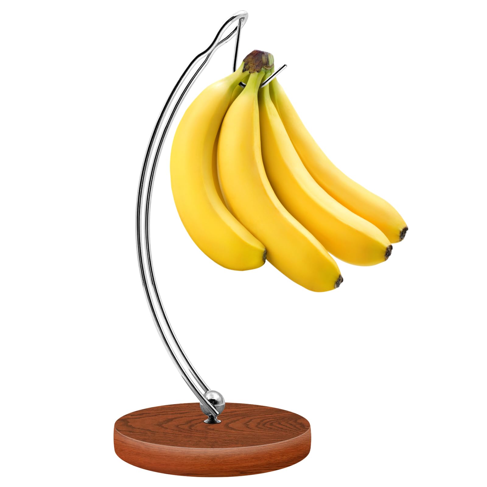 HOMKULA Banana Holder Stand - Farmhouse Banana Hook Hanger, Banana Tree Holder, Banana Rack for Kitchen Counter, Stainless Steel&Wooden Base (Silver V1)