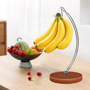 HOMKULA Banana Holder Stand - Farmhouse Banana Hook Hanger, Banana Tree Holder, Banana Rack for Kitchen Counter, Stainless Steel&Wooden Base (Silver V1)