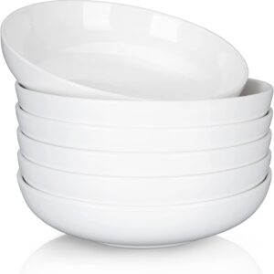 large pasta bowls set of 6, white pasta plates, shallow wide dinner bowls, serving bowl set, premium porcelain pasta salad bowls, ceramic plate bowls for kitchen, microwave dishwasher safe, 8 inch